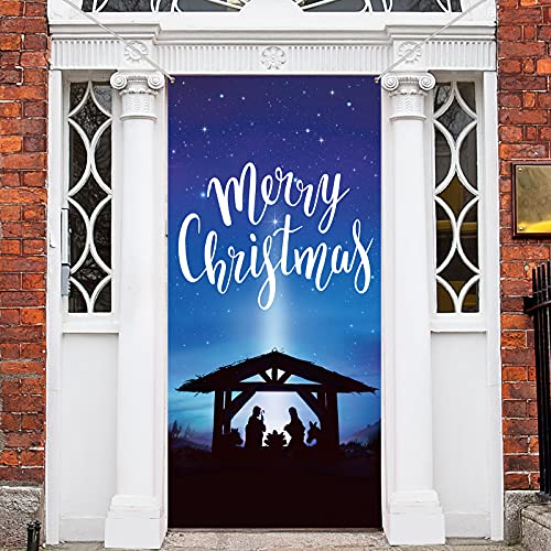 Christmas Door Decoration Merry Christmas Jesus Door Cover Holy Night Christ Born Photography Background Xmas Baptism Front Door Banner Shepherd Santa Mary Starry Backdrop Party Supplies