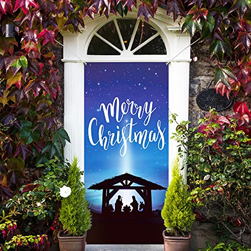 Christmas Door Decoration Merry Christmas Jesus Door Cover Holy Night Christ Born Photography Background Xmas Baptism Front Door Banner Shepherd Santa Mary Starry Backdrop Party Supplies