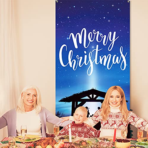 Christmas Door Decoration Merry Christmas Jesus Door Cover Holy Night Christ Born Photography Background Xmas Baptism Front Door Banner Shepherd Santa Mary Starry Backdrop Party Supplies