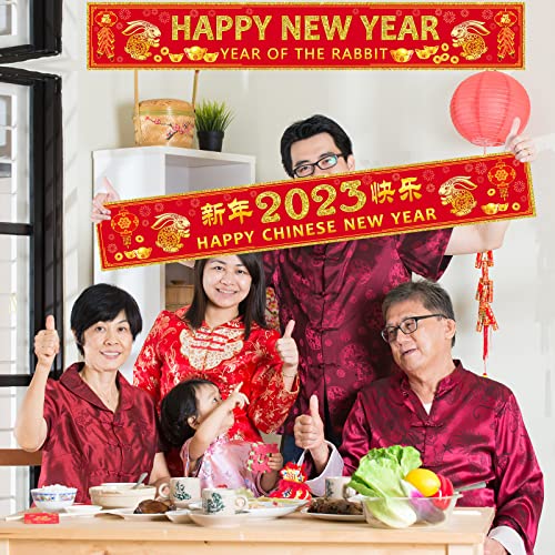 Chinese 2023 New Year Decorations, New Year Party Suppliers Year of the Rabbit Party Banner with 20 Glue Point Dots, Chinese New Year Red