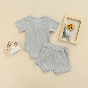 Infant Baby Boys Girls Summer Outfits Ribbed Knitted Cotton Short Sleeve Romper Jumpsuit Shorts Newborn 2 Piece Clothes Set (E Gray , 0-3 Months )