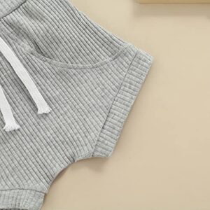 Infant Baby Boys Girls Summer Outfits Ribbed Knitted Cotton Short Sleeve Romper Jumpsuit Shorts Newborn 2 Piece Clothes Set (E Gray , 0-3 Months )