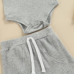 Infant Baby Boys Girls Summer Outfits Ribbed Knitted Cotton Short Sleeve Romper Jumpsuit Shorts Newborn 2 Piece Clothes Set (E Gray , 0-3 Months )