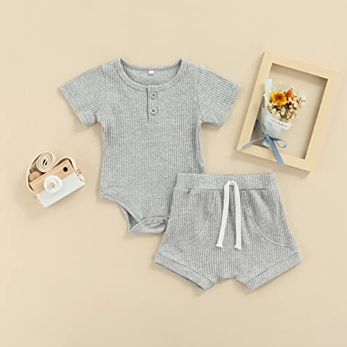 Infant Baby Boys Girls Summer Outfits Ribbed Knitted Cotton Short Sleeve Romper Jumpsuit Shorts Newborn 2 Piece Clothes Set (E Gray , 0-3 Months )