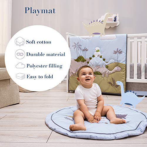 My Little Zone Round Baby Play Mat - Baby Nursery Mat for Infants, Dinosaur Theme Tummy Time Playmat, Machine Washable, 36 inch, Cotton, Blue