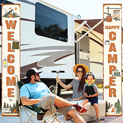 2 Pieces Camping Party Banner Camping Party Decorations Camping Welcome Porch Sign for Camping Themed Birthday Party Baby Shower Decorations