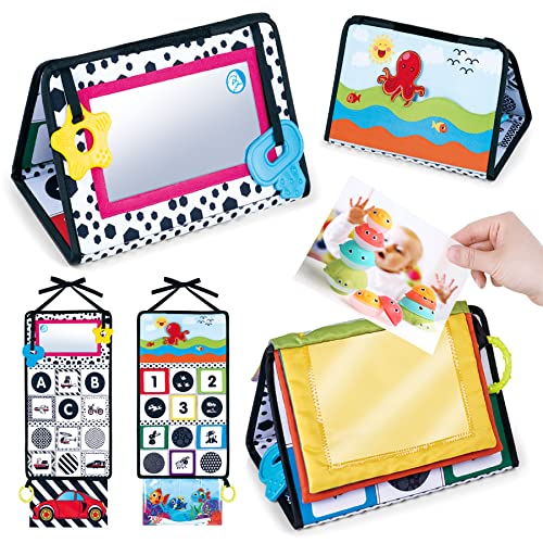 High Contrast Floor Activity Mirror with Soft Baby Photo Album and Teethers | Tummy Time Play | Black and White Baby Toys for Newborn Infant Toddler