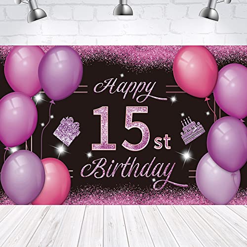 Happy 15st Birthday Backdrop Banner Pink Purple 15th Sign Poster 15 Birthday Party Supplies for Anniversary Photo Booth Photography Background Birthday Party Decorations, 72.8 x 43.3 Inch