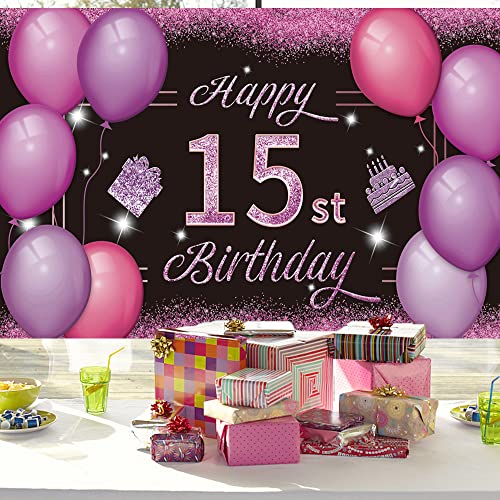 Happy 15st Birthday Backdrop Banner Pink Purple 15th Sign Poster 15 Birthday Party Supplies for Anniversary Photo Booth Photography Background Birthday Party Decorations, 72.8 x 43.3 Inch