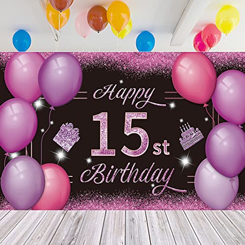 Happy 15st Birthday Backdrop Banner Pink Purple 15th Sign Poster 15 Birthday Party Supplies for Anniversary Photo Booth Photography Background Birthday Party Decorations, 72.8 x 43.3 Inch