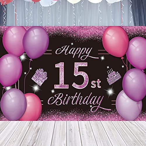 Happy 15st Birthday Backdrop Banner Pink Purple 15th Sign Poster 15 Birthday Party Supplies for Anniversary Photo Booth Photography Background Birthday Party Decorations, 72.8 x 43.3 Inch