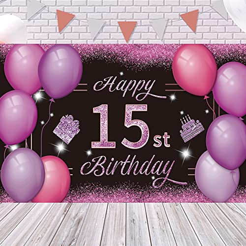 Happy 15st Birthday Backdrop Banner Pink Purple 15th Sign Poster 15 Birthday Party Supplies for Anniversary Photo Booth Photography Background Birthday Party Decorations, 72.8 x 43.3 Inch