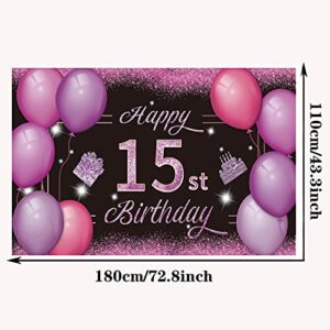 Happy 15st Birthday Backdrop Banner Pink Purple 15th Sign Poster 15 Birthday Party Supplies for Anniversary Photo Booth Photography Background Birthday Party Decorations, 72.8 x 43.3 Inch