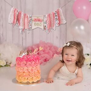 Girl Highchair Banner - floral Birthday Party Decoration, Rustic High Chair Banner For 1st Birthday Girl, Cake Smash Photo Prop, Gold One Birthday Sign（Flower One Banner)