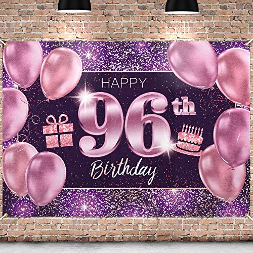 PAKBOOM Happy 96th Birthday Banner Backdrop - 96 Birthday Party Decorations Supplies for Women - Pink Purple Gold 4 x 6ft