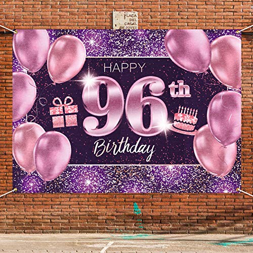 PAKBOOM Happy 96th Birthday Banner Backdrop - 96 Birthday Party Decorations Supplies for Women - Pink Purple Gold 4 x 6ft