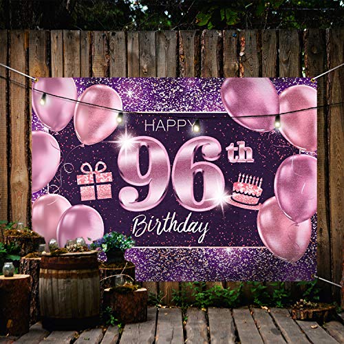 PAKBOOM Happy 96th Birthday Banner Backdrop - 96 Birthday Party Decorations Supplies for Women - Pink Purple Gold 4 x 6ft