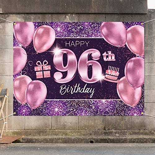 PAKBOOM Happy 96th Birthday Banner Backdrop - 96 Birthday Party Decorations Supplies for Women - Pink Purple Gold 4 x 6ft