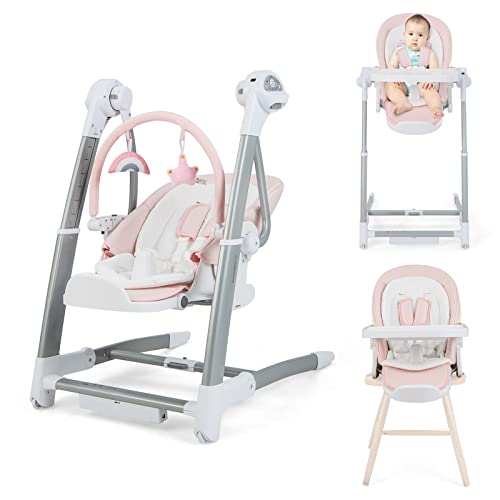 BABY JOY Baby Swings for Infants, 3 in 1 Foldable High Chair w/ 8 Adjustable Height, 5-Position Backrest, 3 Timer Settings, 12 Melodies and 5 Natural Sounds, Booster Seat for Dining Table (Pink)