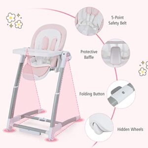 BABY JOY Baby Swings for Infants, 3 in 1 Foldable High Chair w/ 8 Adjustable Height, 5-Position Backrest, 3 Timer Settings, 12 Melodies and 5 Natural Sounds, Booster Seat for Dining Table (Pink)