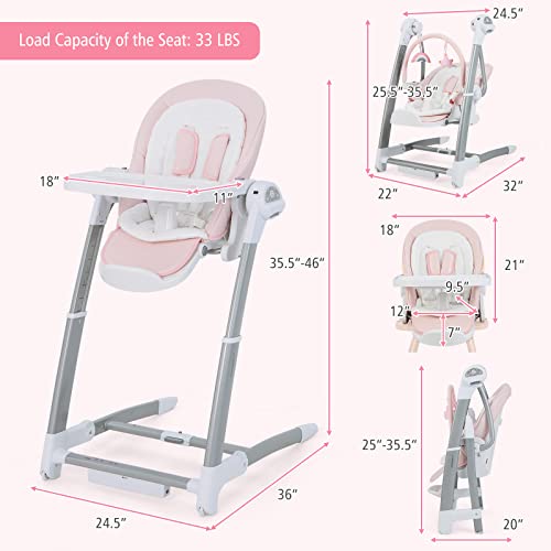 BABY JOY Baby Swings for Infants, 3 in 1 Foldable High Chair w/ 8 Adjustable Height, 5-Position Backrest, 3 Timer Settings, 12 Melodies and 5 Natural Sounds, Booster Seat for Dining Table (Pink)