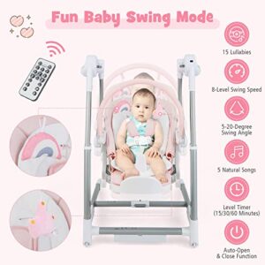 BABY JOY Baby Swings for Infants, 3 in 1 Foldable High Chair w/ 8 Adjustable Height, 5-Position Backrest, 3 Timer Settings, 12 Melodies and 5 Natural Sounds, Booster Seat for Dining Table (Pink)