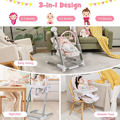 BABY JOY Baby Swings for Infants, 3 in 1 Foldable High Chair w/ 8 Adjustable Height, 5-Position Backrest, 3 Timer Settings, 12 Melodies and 5 Natural Sounds, Booster Seat for Dining Table (Pink)