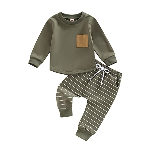 Toddler Baby Boy Girl Fall Winter Clothes Long Sleeve Crewneck Pullover Sweatshirt Tops Elastic Waist Long Pants Set (Stripes-Army Green , 12-18 Months )