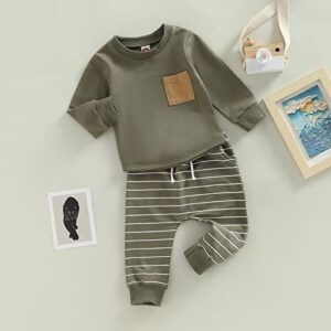 Toddler Baby Boy Girl Fall Winter Clothes Long Sleeve Crewneck Pullover Sweatshirt Tops Elastic Waist Long Pants Set (Stripes-Army Green , 12-18 Months )