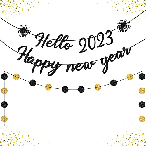 Glitter Black Gold Happy New Year Banner New Years Eve Banner 2023 Happy New Year Sign New Years Eve Party Supplies 2023 new year decorations