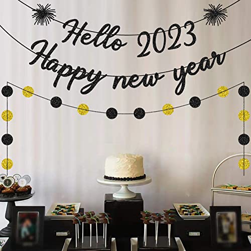 Glitter Black Gold Happy New Year Banner New Years Eve Banner 2023 Happy New Year Sign New Years Eve Party Supplies 2023 new year decorations