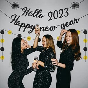 Glitter Black Gold Happy New Year Banner New Years Eve Banner 2023 Happy New Year Sign New Years Eve Party Supplies 2023 new year decorations