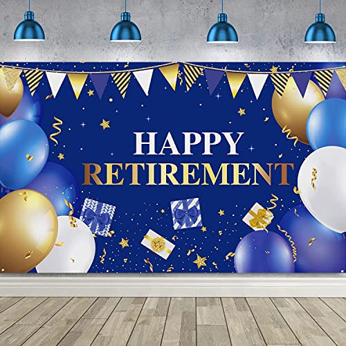 Navy Blue Retirement Decoration Banner, Large Happy Retirement Backdrop Banner Retirement Theme Party Photo Booth Background for Men Women Office Farewell Party Supplies, 71x 43.3 Inches