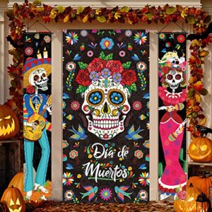 3 pieces day of the dead porch sign, mexican dia de los muertos party door decorations, day of the dead sugar skull door banner for halloween home bathtub birthday fiesta party, 11.8 x 70.9 inches