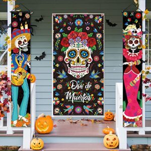 3 Pieces Day of the Dead Porch Sign, Mexican Dia De Los Muertos Party Door Decorations, Day of the Dead Sugar Skull Door Banner for Halloween Home Bathtub Birthday Fiesta Party, 11.8 x 70.9 Inches