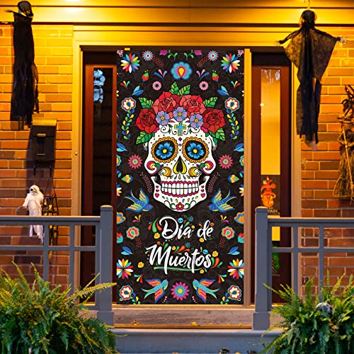 3 Pieces Day of the Dead Porch Sign, Mexican Dia De Los Muertos Party Door Decorations, Day of the Dead Sugar Skull Door Banner for Halloween Home Bathtub Birthday Fiesta Party, 11.8 x 70.9 Inches