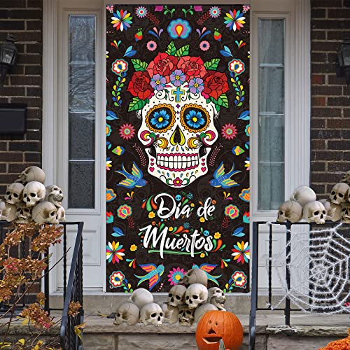 3 Pieces Day of the Dead Porch Sign, Mexican Dia De Los Muertos Party Door Decorations, Day of the Dead Sugar Skull Door Banner for Halloween Home Bathtub Birthday Fiesta Party, 11.8 x 70.9 Inches