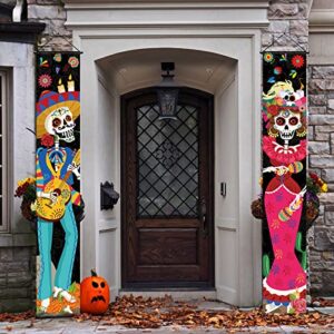 3 Pieces Day of the Dead Porch Sign, Mexican Dia De Los Muertos Party Door Decorations, Day of the Dead Sugar Skull Door Banner for Halloween Home Bathtub Birthday Fiesta Party, 11.8 x 70.9 Inches