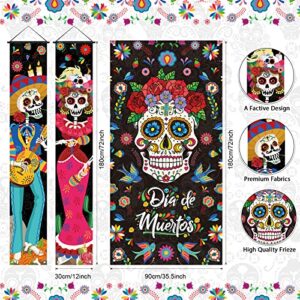 3 Pieces Day of the Dead Porch Sign, Mexican Dia De Los Muertos Party Door Decorations, Day of the Dead Sugar Skull Door Banner for Halloween Home Bathtub Birthday Fiesta Party, 11.8 x 70.9 Inches