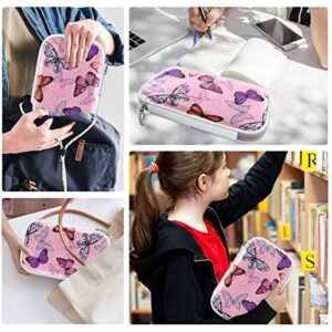 ZZKKO Flying Butterflies Pink Pencil Bag Case Zipper Pencil Holder Organizer Stationary Pen Bag Cosmetic Makeup Bag Pouch Purse for School Office Supplies