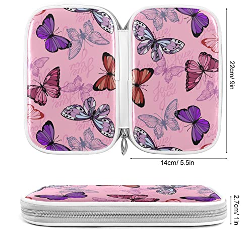 ZZKKO Flying Butterflies Pink Pencil Bag Case Zipper Pencil Holder Organizer Stationary Pen Bag Cosmetic Makeup Bag Pouch Purse for School Office Supplies