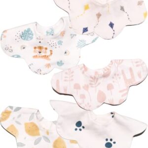 Baby Moon Soft Bibs Set of 5 for Baby Boy Girl 360 Rotate Petal Absorbent Bibs Washable for Drooling Teething (Set 2: Tiger, Kite, Paws, Bunny, Citrus)