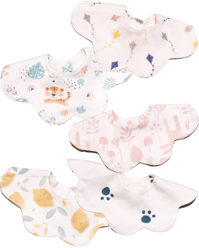 Baby Moon Soft Bibs Set of 5 for Baby Boy Girl 360 Rotate Petal Absorbent Bibs Washable for Drooling Teething (Set 2: Tiger, Kite, Paws, Bunny, Citrus)