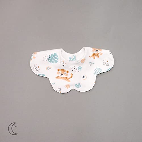 Baby Moon Soft Bibs Set of 5 for Baby Boy Girl 360 Rotate Petal Absorbent Bibs Washable for Drooling Teething (Set 2: Tiger, Kite, Paws, Bunny, Citrus)