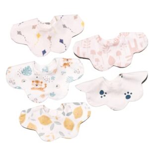 Baby Moon Soft Bibs Set of 5 for Baby Boy Girl 360 Rotate Petal Absorbent Bibs Washable for Drooling Teething (Set 2: Tiger, Kite, Paws, Bunny, Citrus)