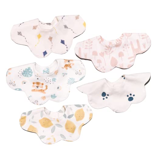 Baby Moon Soft Bibs Set of 5 for Baby Boy Girl 360 Rotate Petal Absorbent Bibs Washable for Drooling Teething (Set 2: Tiger, Kite, Paws, Bunny, Citrus)