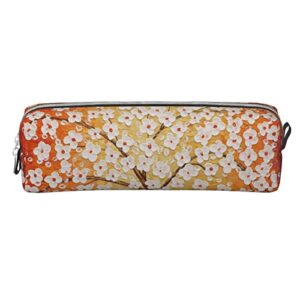 Oil Painting White Flowers Pencil Case with Brass Zipper Office Supplies Leather Simple Cute Storage Pouch