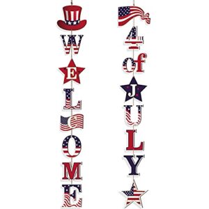 outus 2 pieces 4th of july front porch banner independence day front door sign labor day decoration patriotic welcome porch sign hanging banner welcome hanging door banner for home decoration (wood)