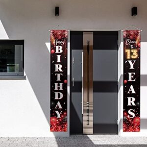 5665 Happy 13th Birthday Porch Sign Door Banner Decor Red and Black – Glitter Cheers to 13 Years Old Birthday Party Theme