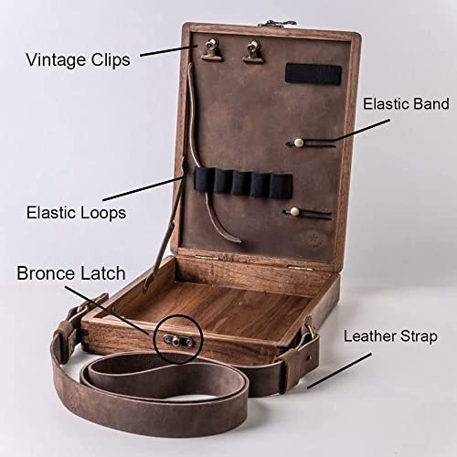 Writers Messenger Wood Box, Artist Tool and Brush Storage Box, Multifunctional Walnut Wooden Bag, Portable Wooden Handmade Craft Crossbody Postman Bag, Wood Craft Boxes for Writers or Painter (A)